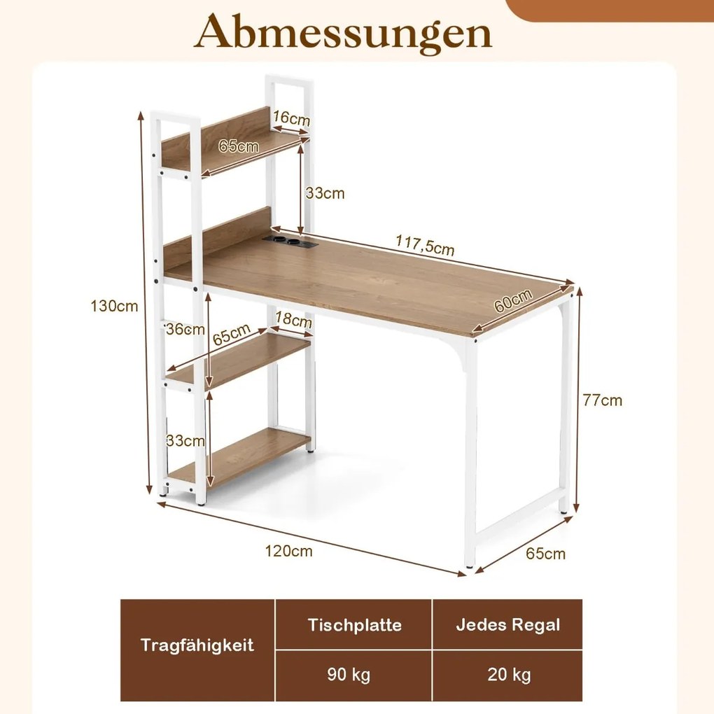 Costway Stůl s nabíjecí stanicí s otevřenou knihovnou natural – 120 × 65 cm