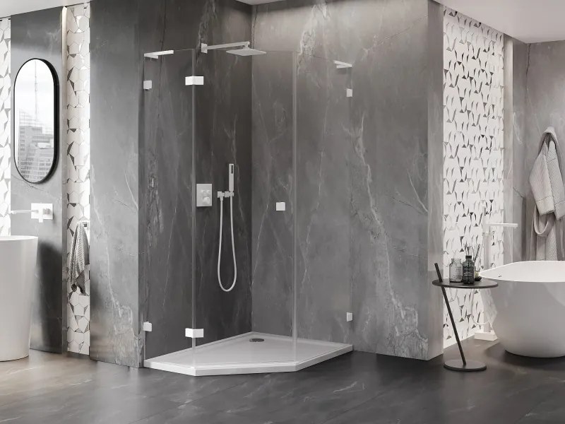 Mexen Lunar, L pětiúhelníkový sprchový kout naklápěcí doleva 90 x 100 cm, 8mm čiré sklo, bílý profil, 831L-090L-100P-20-00-L