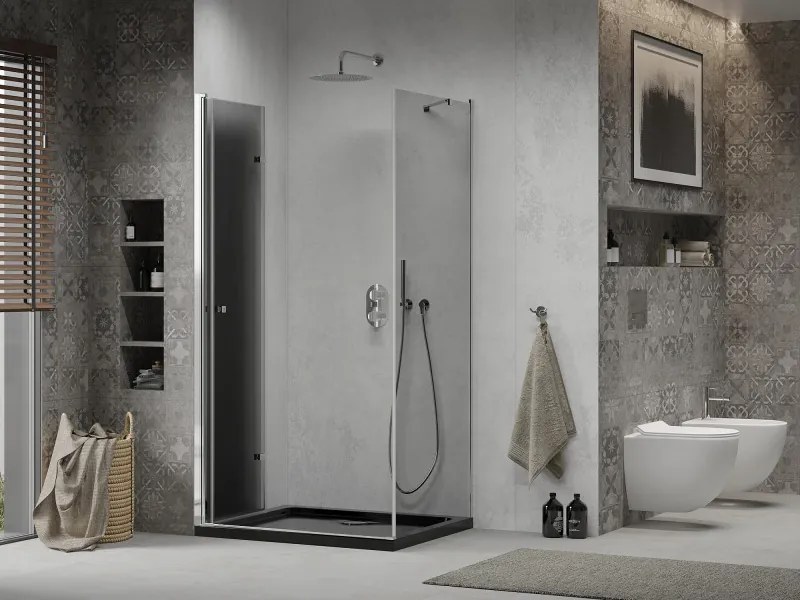 Mexen Lima, sprchový kout se skládacími dveřmi 80 (dveře) x 100 (stěna) cm, 6mm šedé sklo, chromový profil + slim sprchová vanička černá + chromový sifon, 856-080-100-01-40-4070
