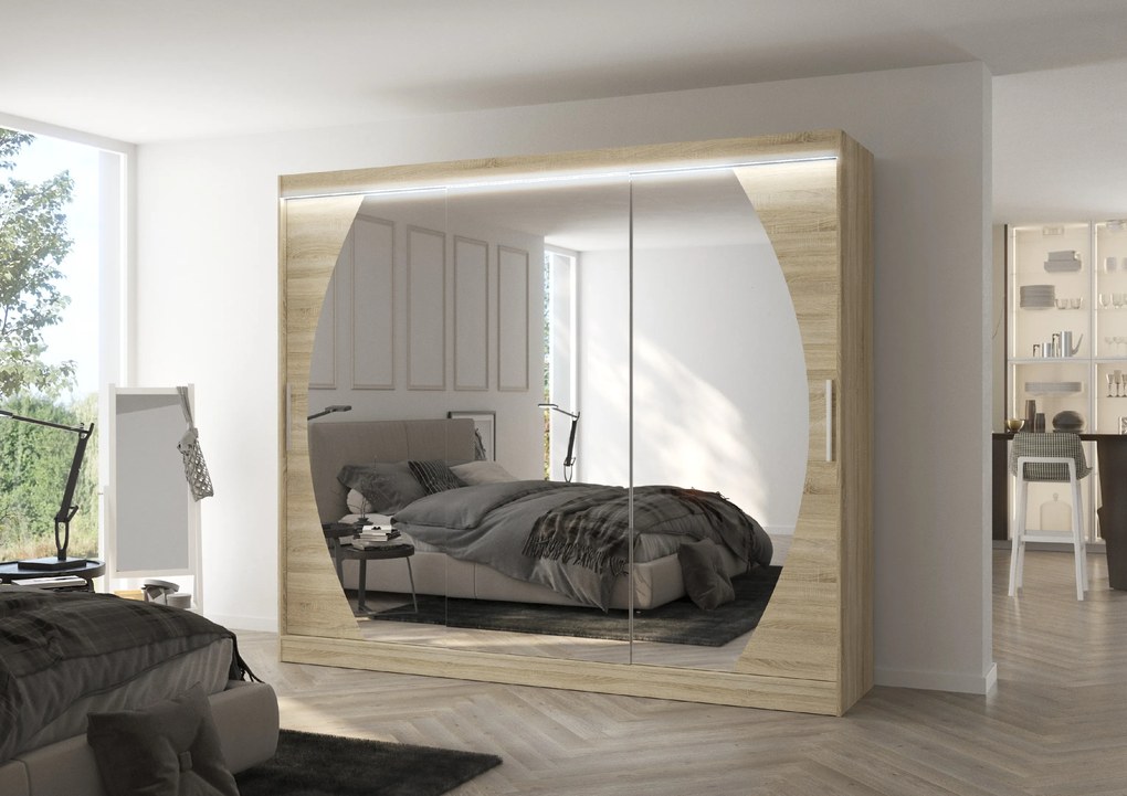 ADRK Furniture Posuvná skříň se zrcadlem a LED osvětlením CAMBE 250 SW-CAM-S-250+L-V390