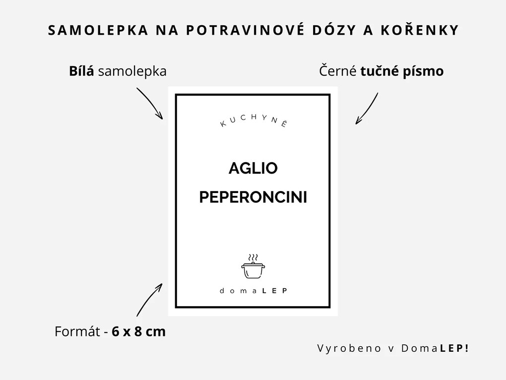 AGLIO PEPERONCINI - omyvatelná samolepka na kořenky, výběr rozměrů Ø 5 cm / 5 x 5 cm / 6 x 8 cm | DomaLEP tvar: ČTVEREC, barva: BÍLÁ - ČERNÉ písmo, velikost: š. 5 cm x v. 5 cm - tučné písmo