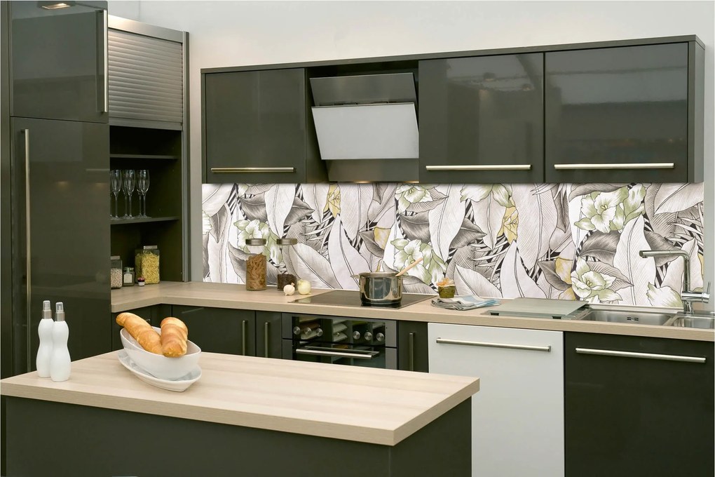 DIMEX | Fototapeta do kuchyně Designový květinový vzor KI-260-220 | 260 x 60 cm | béžová, černá, žlutá