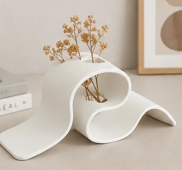 váza, asymetrická, plast, 8x20x6 cm, bílá, Dekorino VD20260002