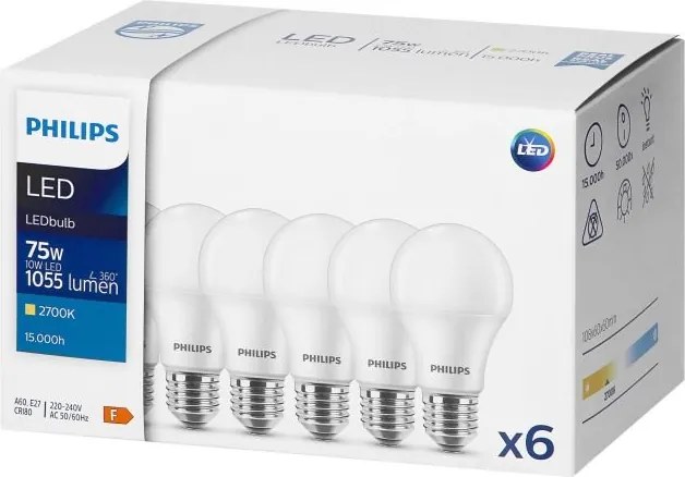 Žárovka Philips CorePro E27 A60 LED bulb, 10W, 1055lm, 2700K, Balení 6ks