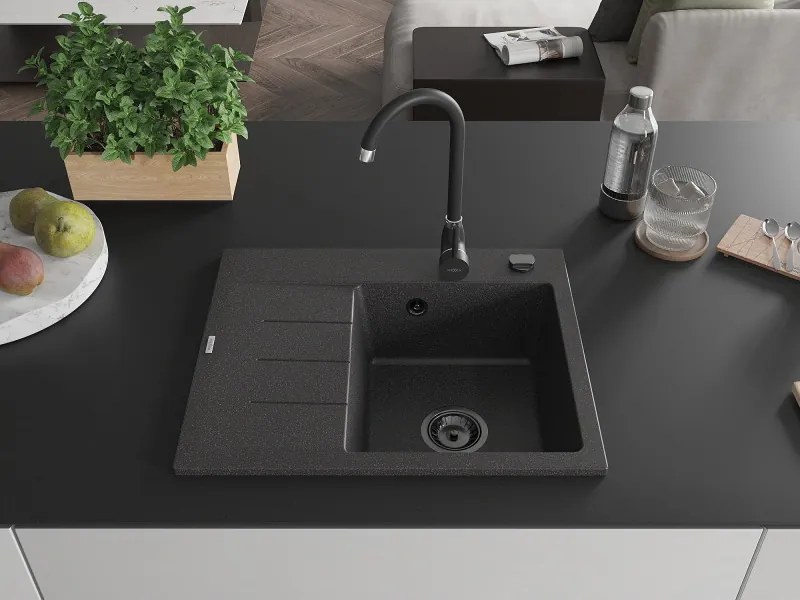 Mexen Ben, 1-komorový granitový dřez 600x500x190 mm, pravý + černý sifon, černá skvrnitá, 6523605000-76-B