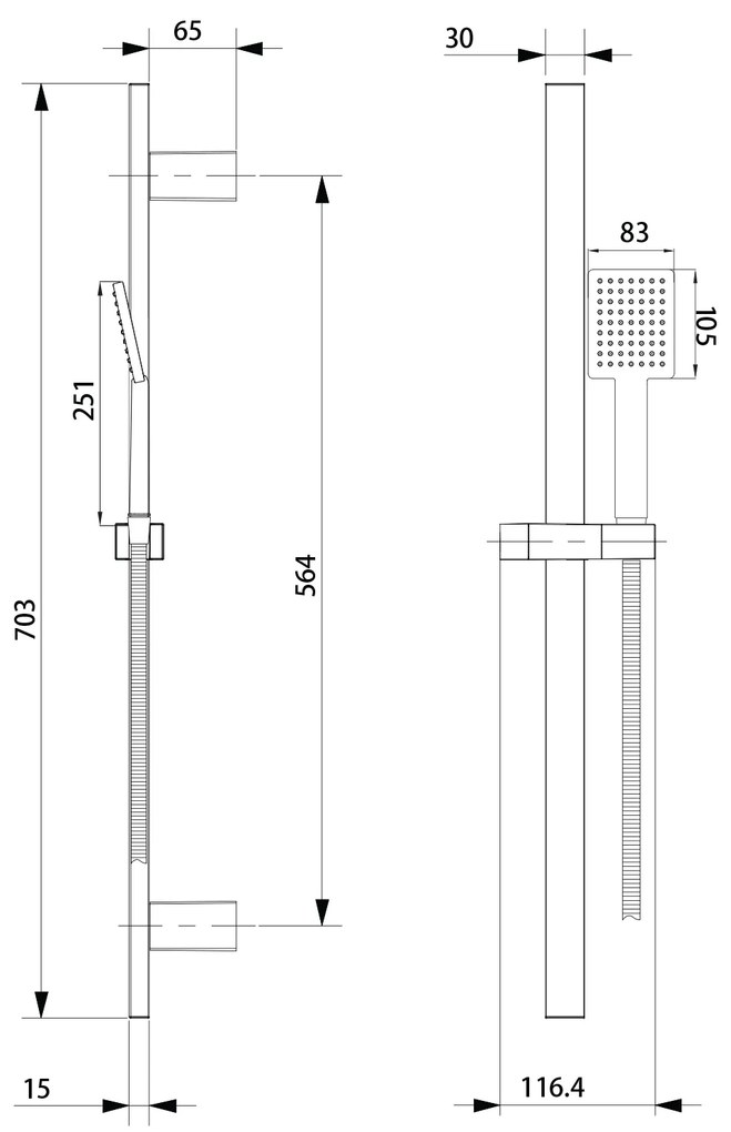 Sapho, Sprchová souprava hranatá, posuvný držák 700mm, černá matná, SC615