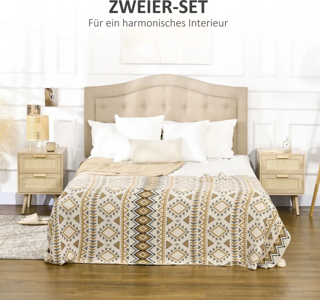 HOMCOM Set 2 Nočních Stolků, Boční Stoly, 2 Zásuvky s Ratanovými Předními Stranami, Boho Styl, Noční Stolky, Nohy z Přírodního Borového Dřeva