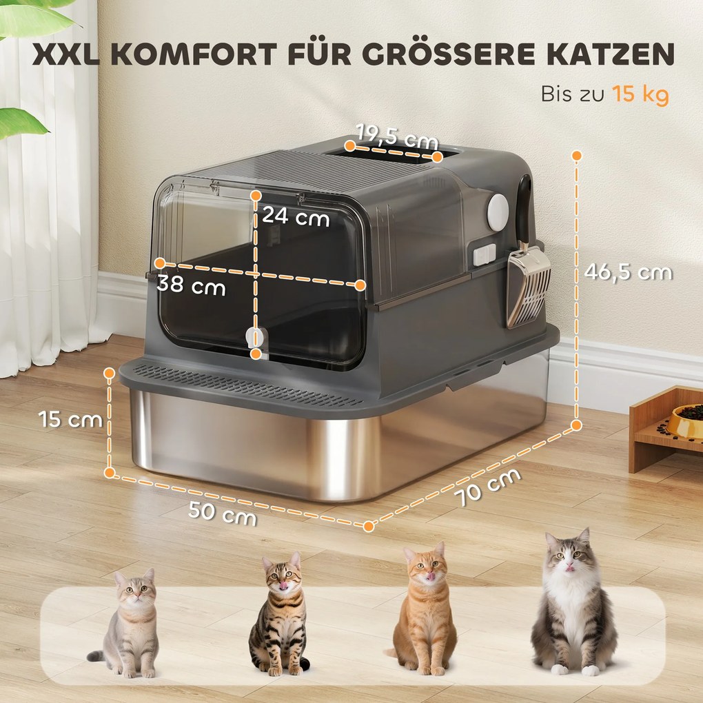 PawHut XXL nerezová krytá toaleta pro velké kočky — sklápěcí kryt, vysoké boky, vrchní vstup, lopatka, odolná vůči zápachu, snadné čištění, černá