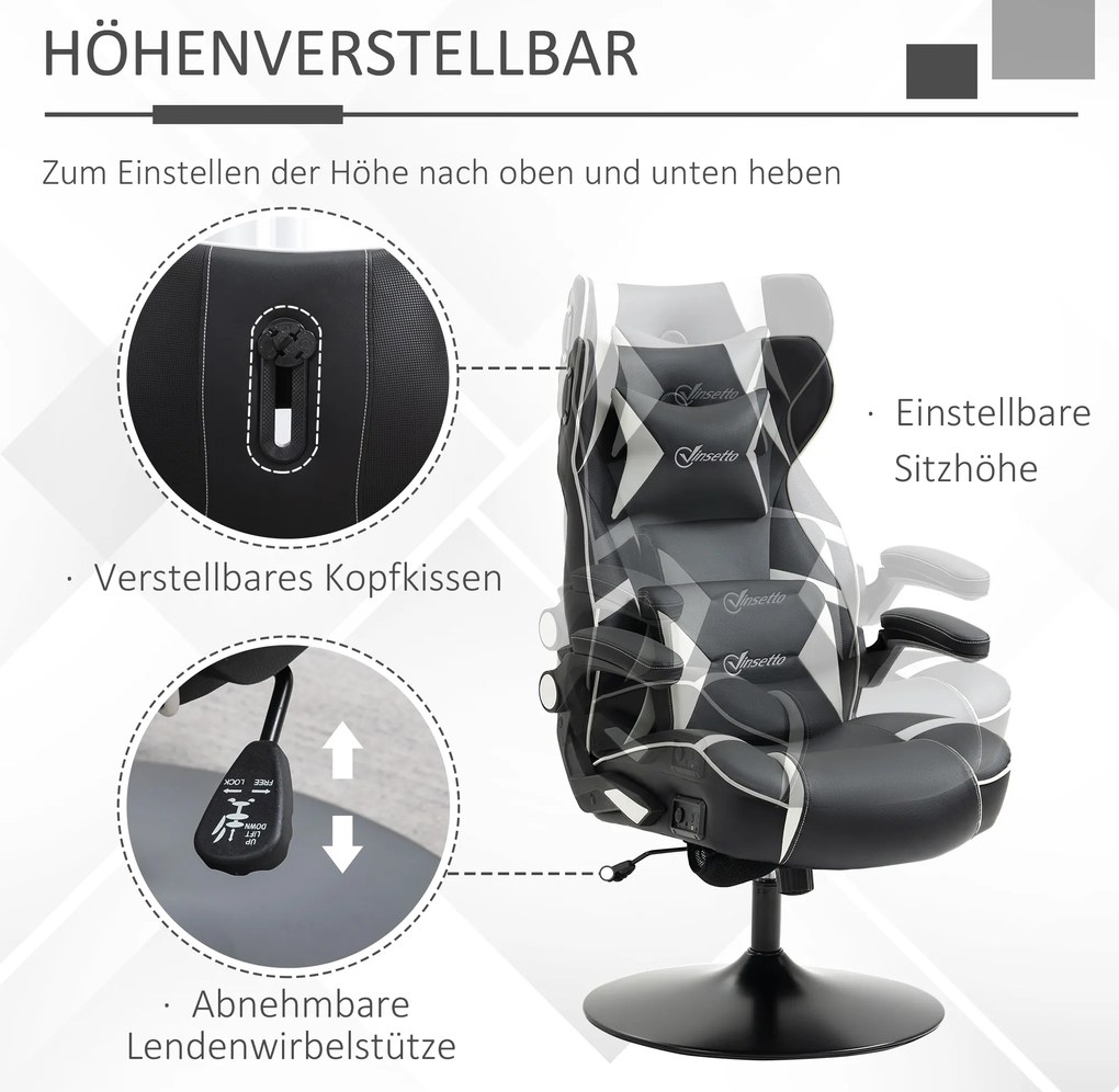 Herní židle Vinsetto s houpací funkcí, výškově nastavitelná kancelářská židle, ergonomická počítačová židle s reproduktorem, bederní a krční opěrkou …