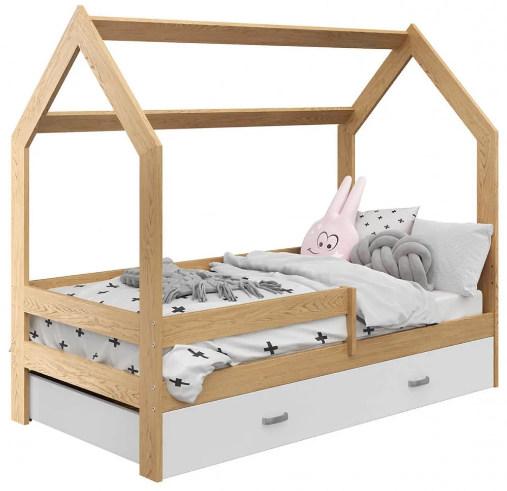 Dětská postel Domek 80x160 cm D3, rošt ZDARMA - borovice (Barva zábrany: Bílá, Barva úložného prostoru: Šedá, Volba matrace: S matrací)