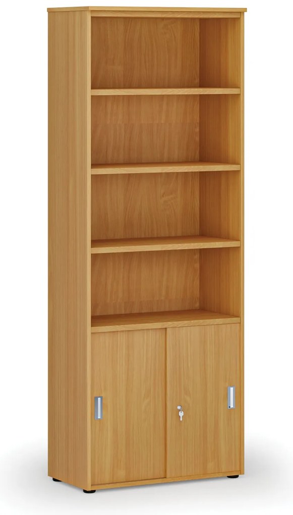 Kombinovaná kancelářská skříň PRIMO WOOD, zasouvací dveře na 2 patra, 800 x 420 x 2128 mm, buk