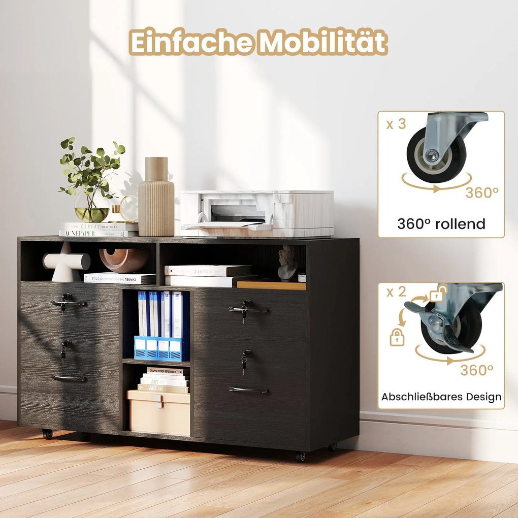 Costway Pojízdný kontejner s 4 zásuvkami, mobilní kartotéka, uzamykatelný