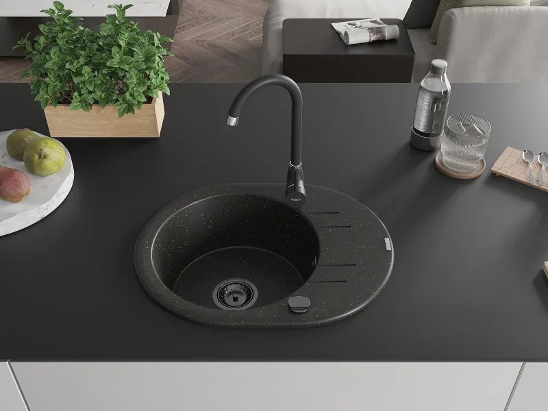 Mexen Kevin, granitový dřez 586x458x190 mm, 1-komorový, černá-zlatá metalíza s černým sifonem, 6517581005-75-B