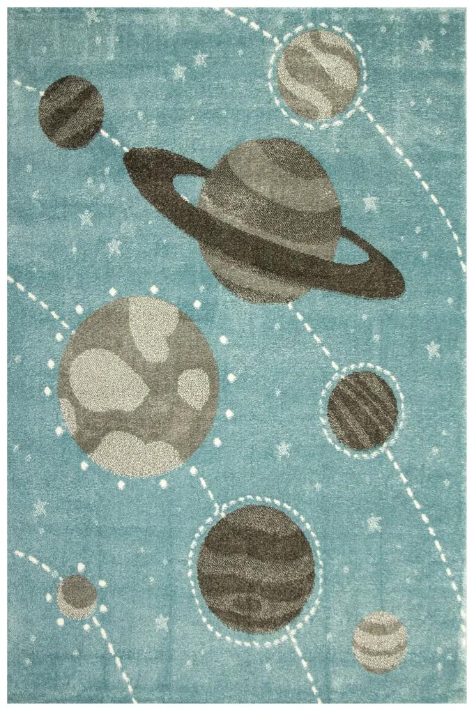 Dětský kusový koberec Lima F495A Planety Vesmír modrý šedý Rozměr: 140x190 cm