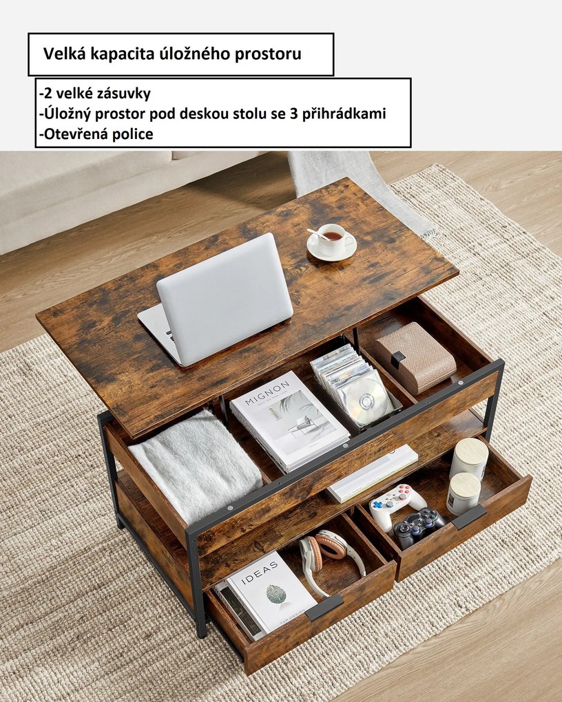 Konferenční stolek se zvedací deskou a úložným prostorem, rustikální hnědá LCT209K01V1