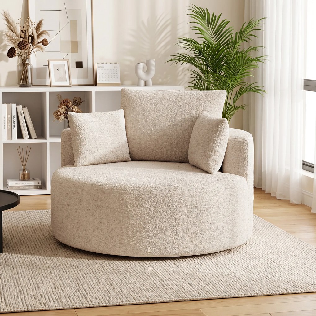 HOMCOM kulatý chenilkový sedací puf, velká sedací plocha, 2 polštáře, 1 opěrný polštář, 1 polštář na krk, nosnost 250 kg, 130x130x82 cm, krémová