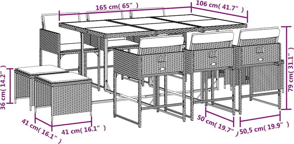 11dílný zahradní jídelní set s poduškami černý polyratan 3211327