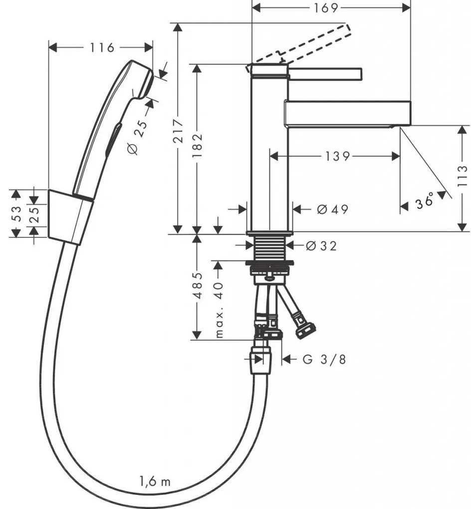 Hansgrohe Finoris - Páková umyvadlová baterie 110 s ruční sprchou Bidette a sprchovou hadicí 160 cm, chrom 76210000