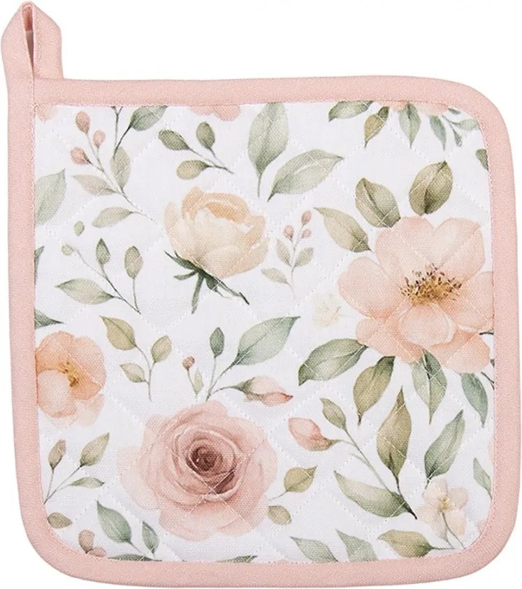 Bílá bavlněná chňapka - podložka s růžemi Soft Romantic Blush - 20*20 cm