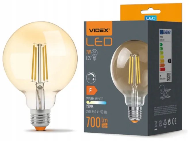 VIDEX LED žárovka filament AMBER - E27 - 7W - G95 - stmívatelná - teplá bílá