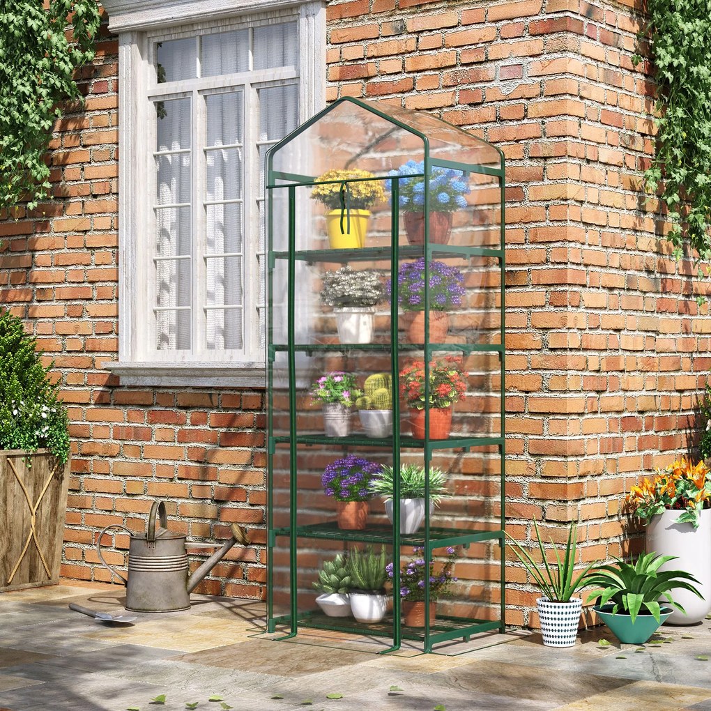 Fóliový skleník Outsunny s 5 policemi, mini skleník pro květiny a zeleninu, zelený průhledný 69x49x193cm