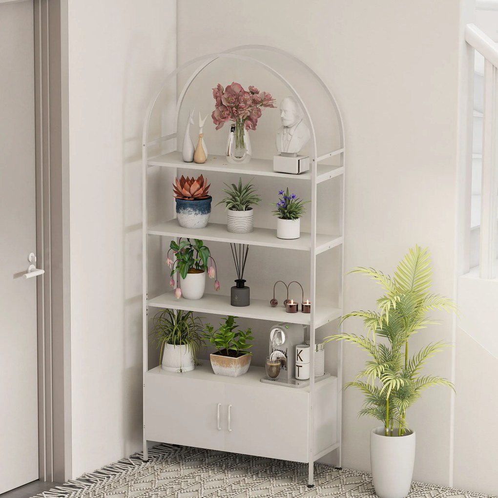 HOMCOM obloukový regál se 4 patry a dvířkovou skříňkou, 80 × 30 × 187 cm, bílá