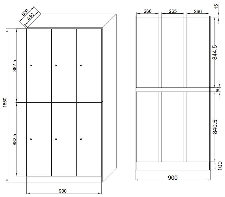 Šatní skříňka s úložnými boxy, 6 boxů, 1850 x 900 x 500 mm, kódový zámek, tmavě šedé dveře