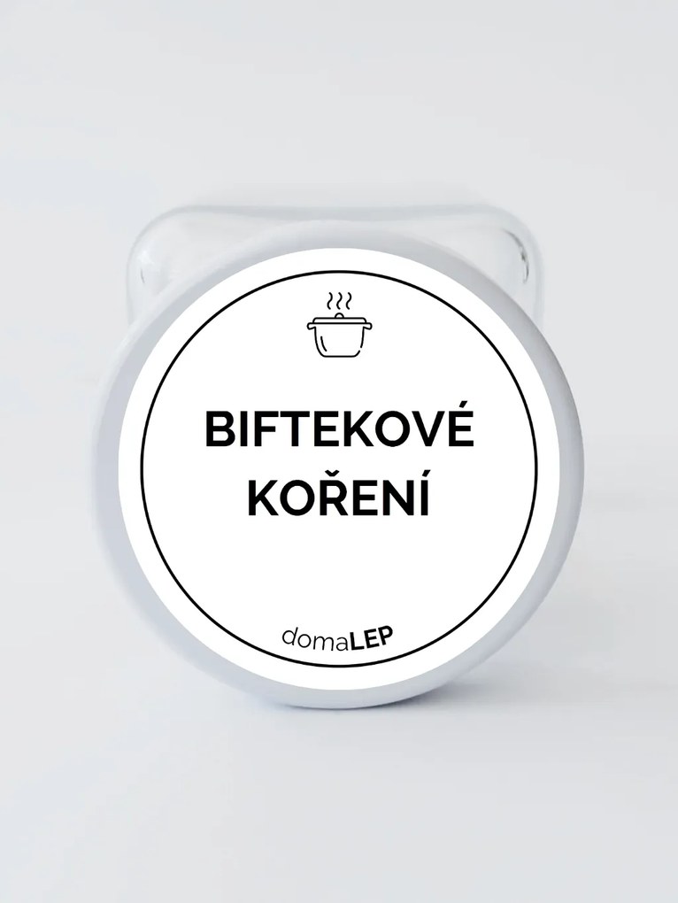 Samolepka na kořenky BIFTEKOVÉ KOŘENÍ bílá 5 cm tučné písmo