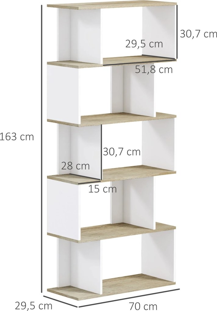 HOMCOM Knihovna v Nordic Stylu s 5 Anti-Tip Policemi, Nosnost 25 kg pro Kancelář a Obývací Pokoj, 70x29,5x163 cm, Dub a Bílá