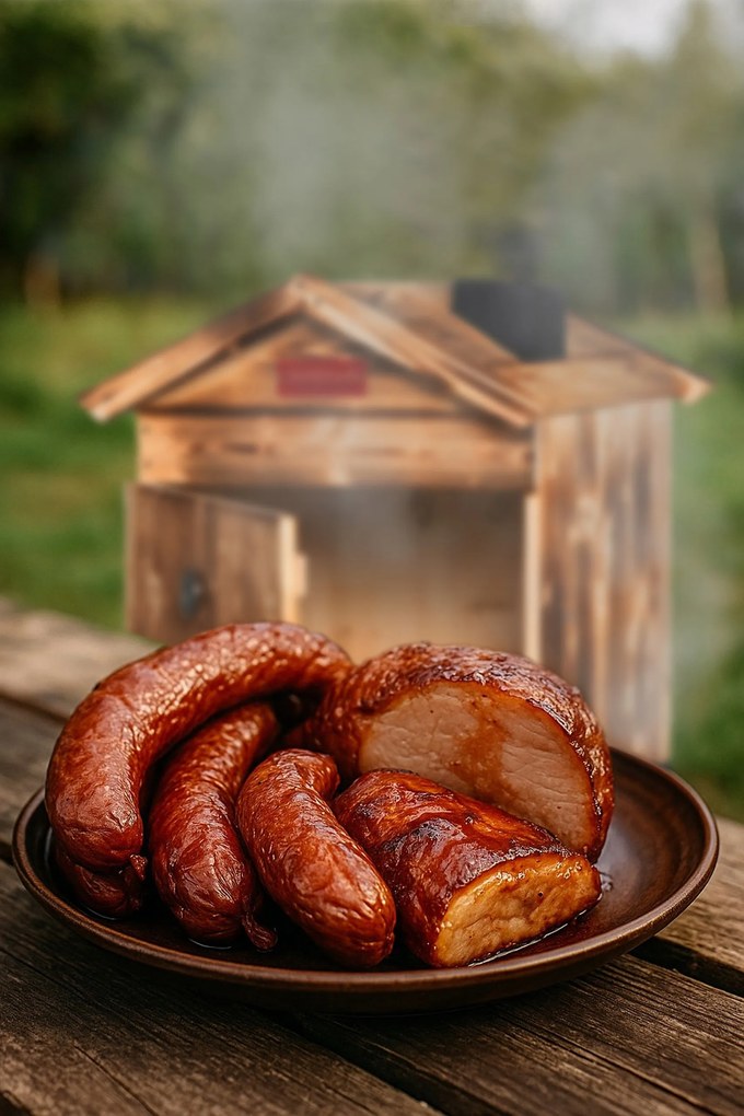 TRENDIE Udírna dřevěná s kovovým komínem