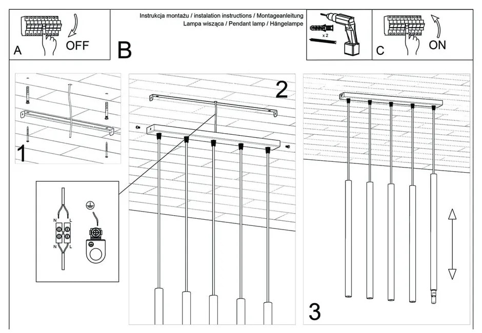 Černé závěsné svítidlo Sollux Fideus, délka 45 cm