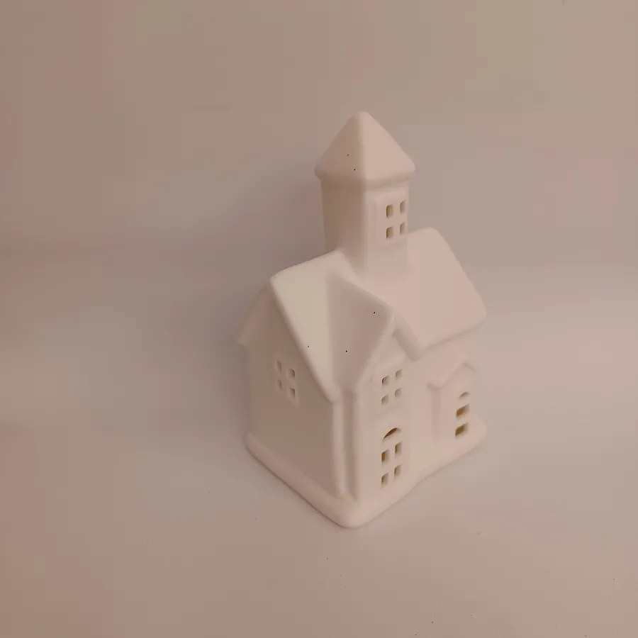 LED dekorace kostelíček na baterie 7,5 × 6 × 12 cm, keramický, LR44, teple bílá