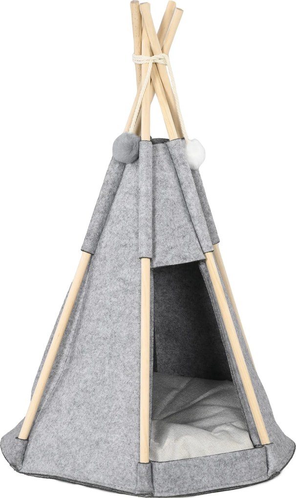 PawHut Pet Teepee Stan - Šedý teepee pro kočky nebo malé psy - silný polštář pro maximální komfort, 2 pompony v ceně - konstrukce z borového dřeva s p