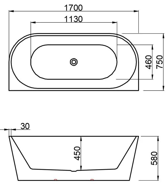 BPS-koupelny Volně stojící akrylátová vana ke stěně HYD-LE527D 170x75 bílá, odtokový komplet zlatý