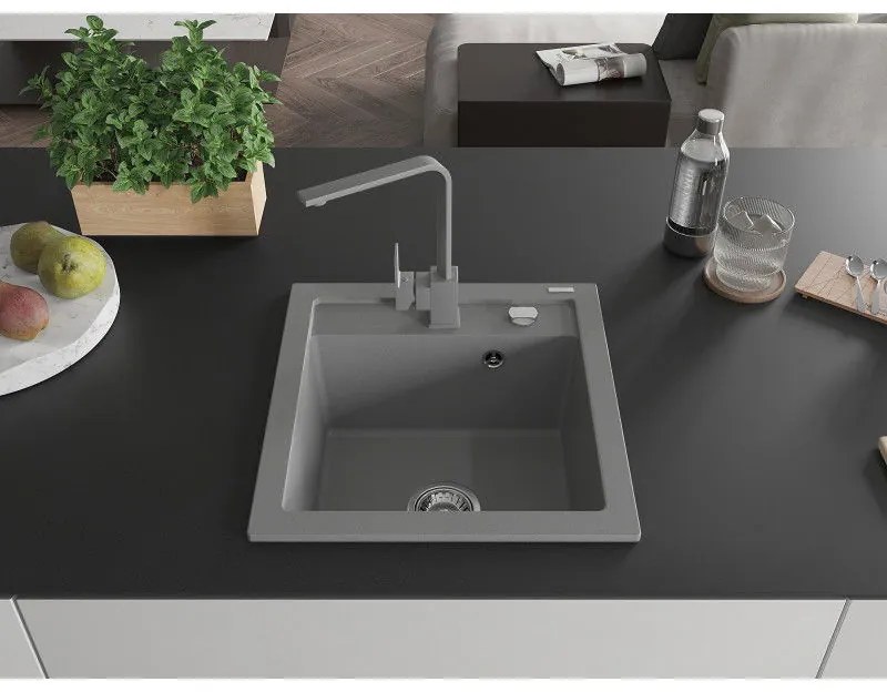 Mexen Vito, 1-komorový granitový dřez 520x490x210 mm, šedá baterie Rita, šedá, 6503-71-670300-71