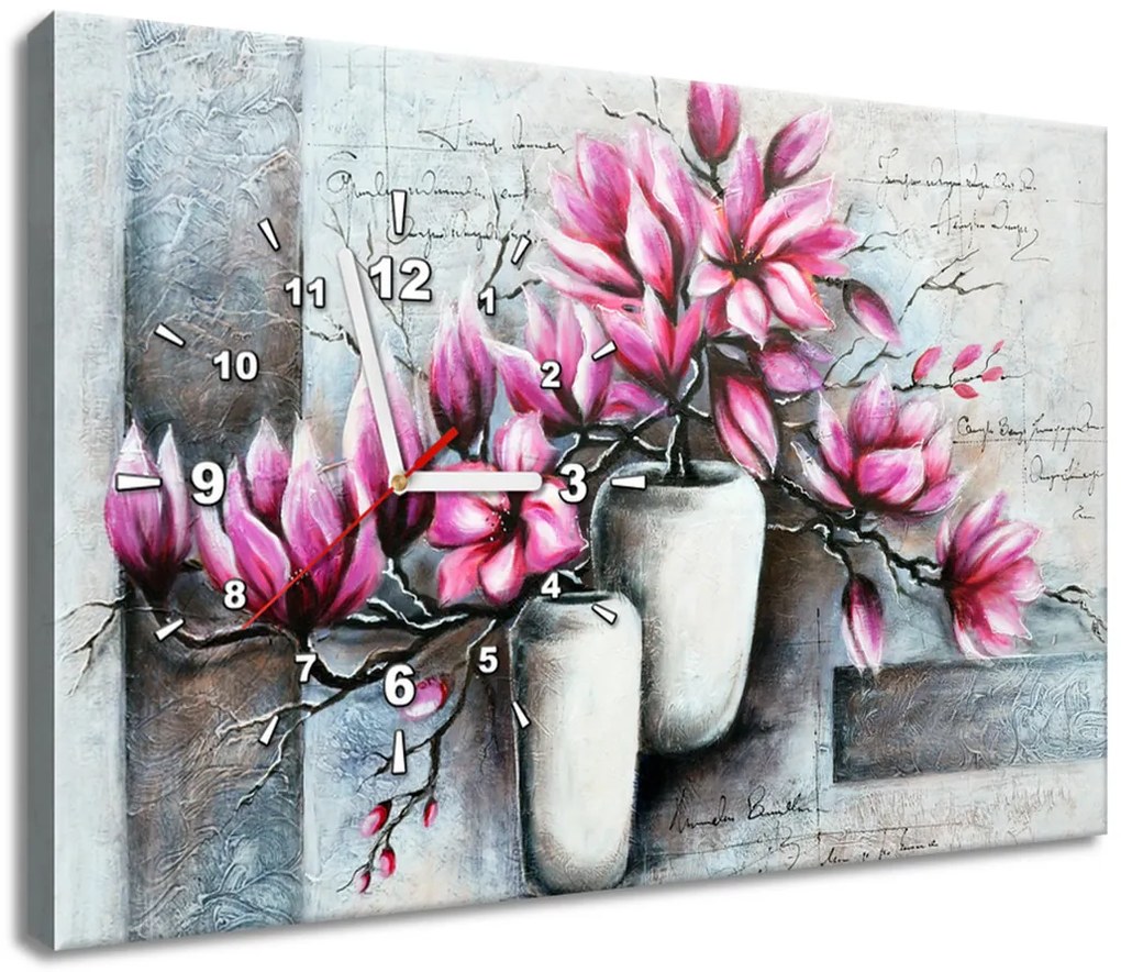 Gario Obraz s hodinami Růžové magnolie ve váze Rozměry: 30 x 30 cm