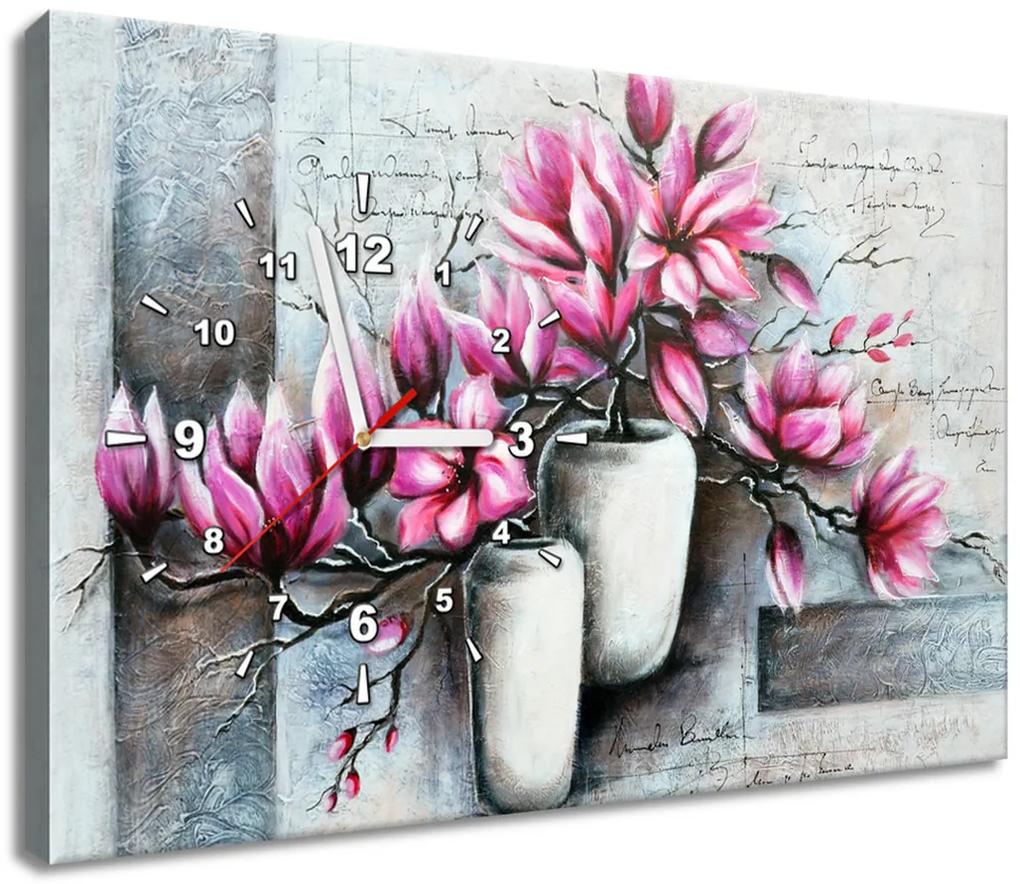 Gario Obraz s hodinami Růžové magnolie ve váze Rozměry: 40 x 40 cm