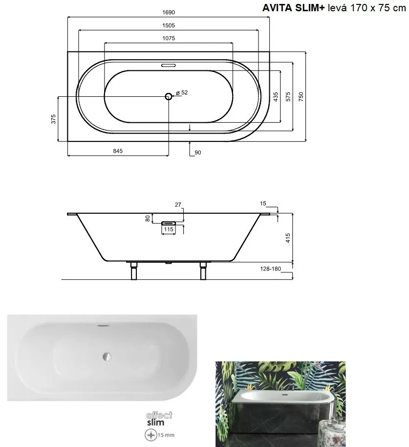 BESCO Asymetrická vana AVITA SLIM+ Nožičky k vaně - Bez nožiček, Rozměr vany - 170 × 75 cm, Způsob provedení - Levé VANAVIT17SLIMLP