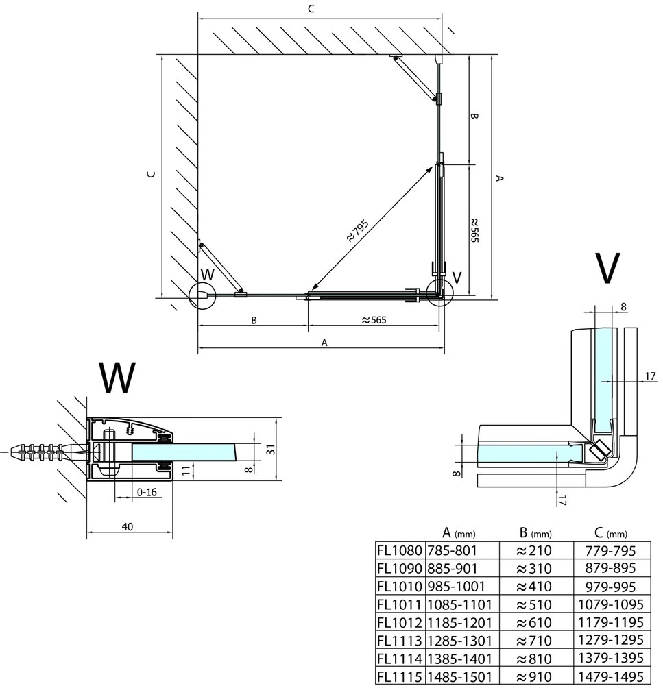 Polysan FORTIS LINE sprchové dveře 1100mm, čiré sklo, pravé FL1011R