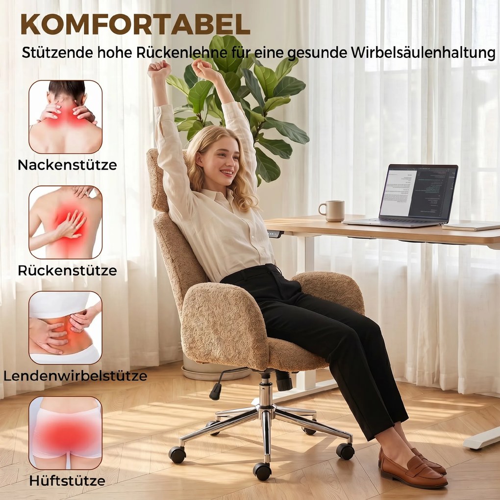 HOMCOM Bouclé kancelářské křeslo do home office – nastavitelná opěrka hlavy, houpací funkce, hnědé