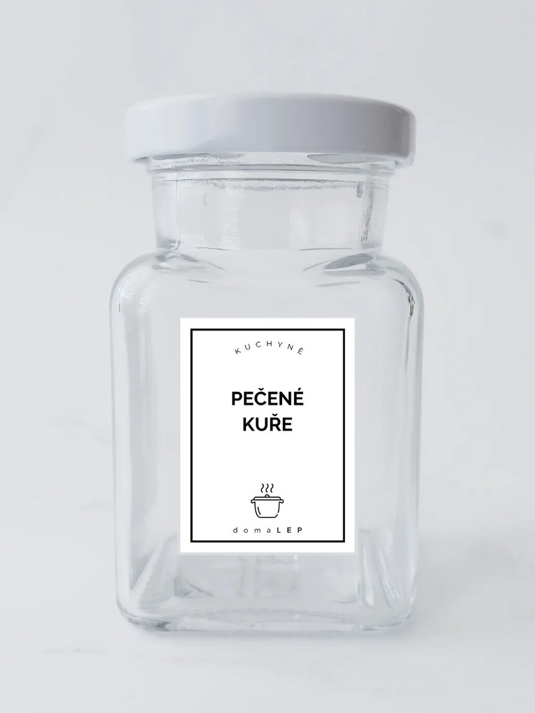 Samolepka na kořenky PEČENÉ KUŘE bílá 3 × 4 cm tučné písmo
