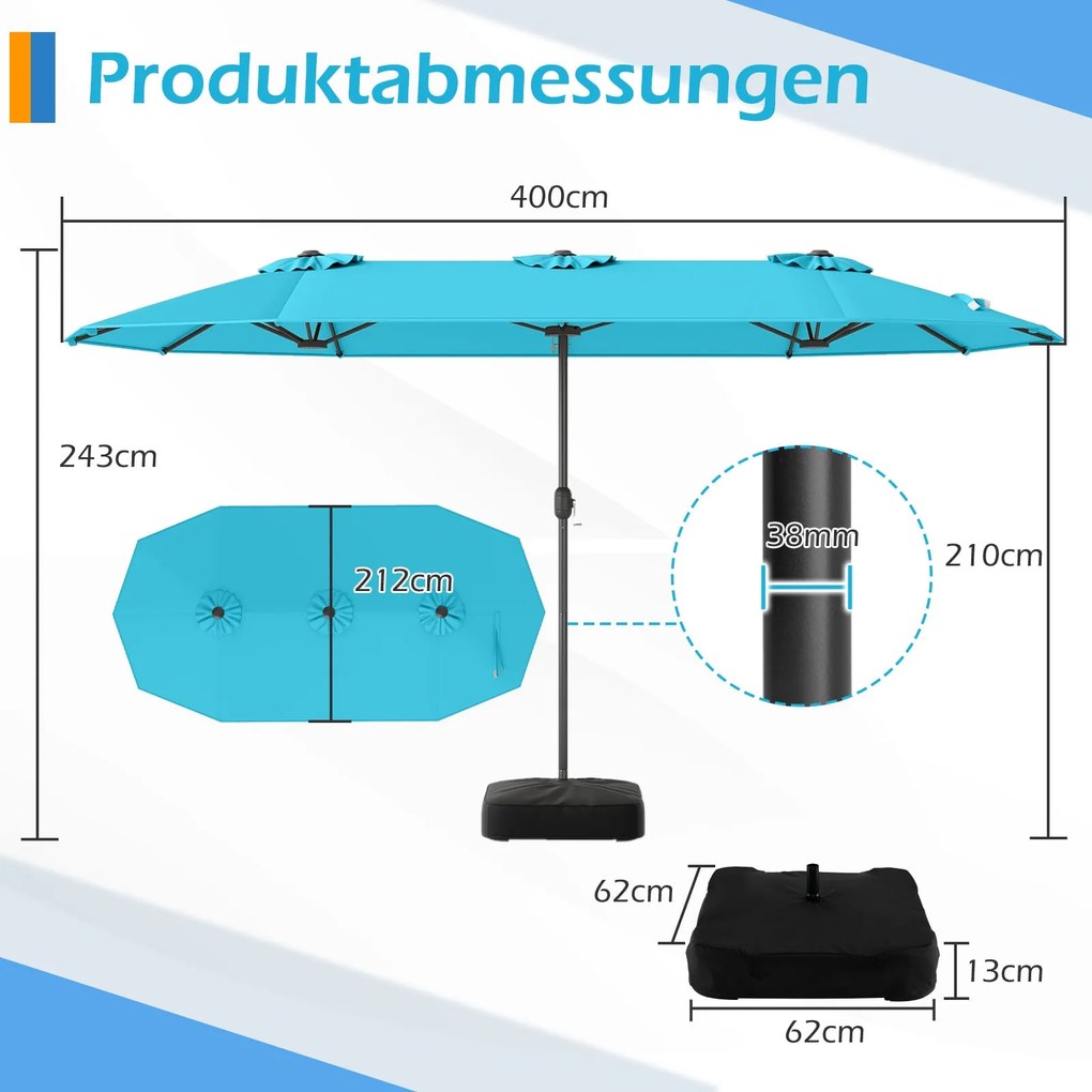 Costway Dvojitý slunečník se stojanem UPF 50+ tyrkysová – 400 × 200 cm