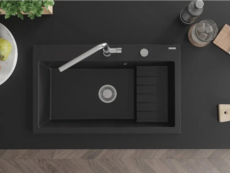 Mexen Omar žulový kuchyňský dřez 1-komorový 800 x 480 mm, černý, sifon chrom - 6520801005-77