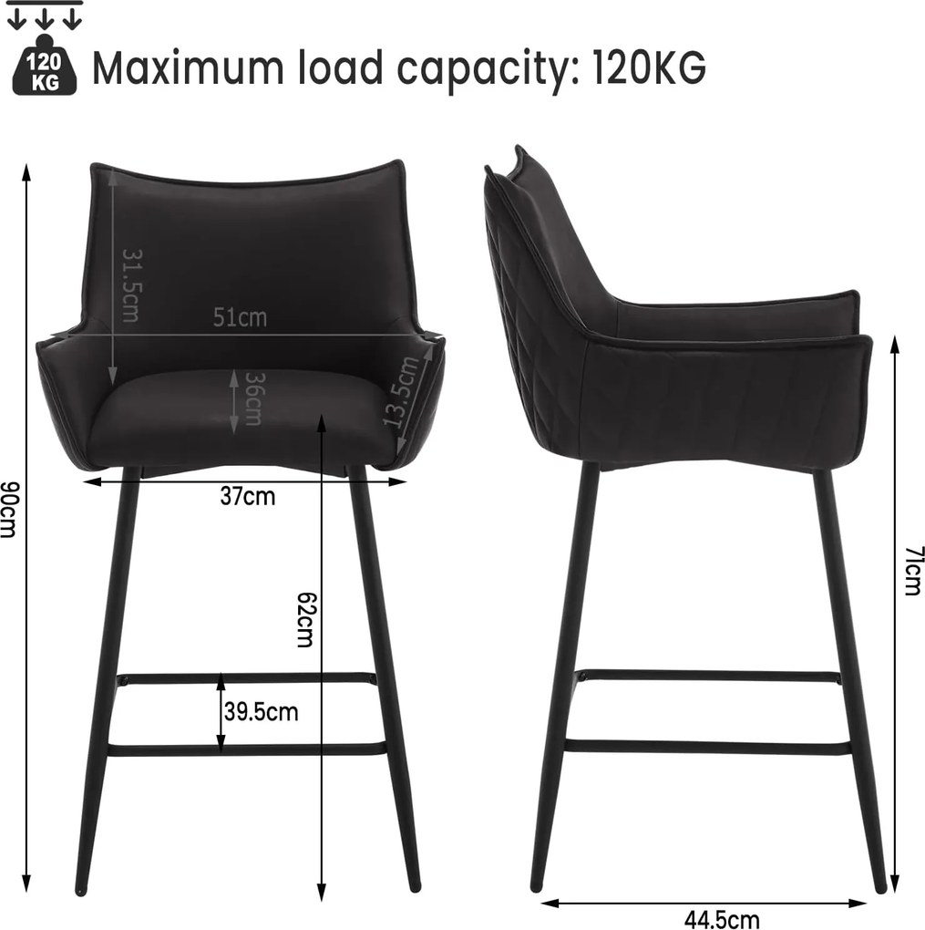 WOLTU Barové židle s opěradlem a područkami – sada 2 ks, antracitová ekokůže