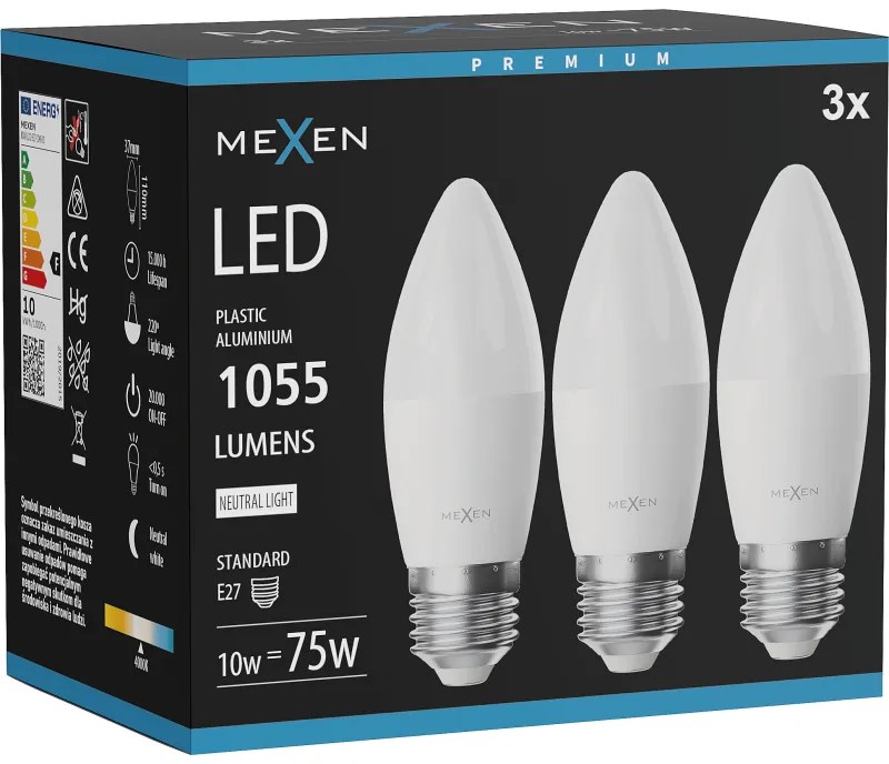 Mexen Nova 3x LED žárovka E27, C37, 10W, Neutrální - 4000K, 1055 lm - L102-E27-1040-01x03