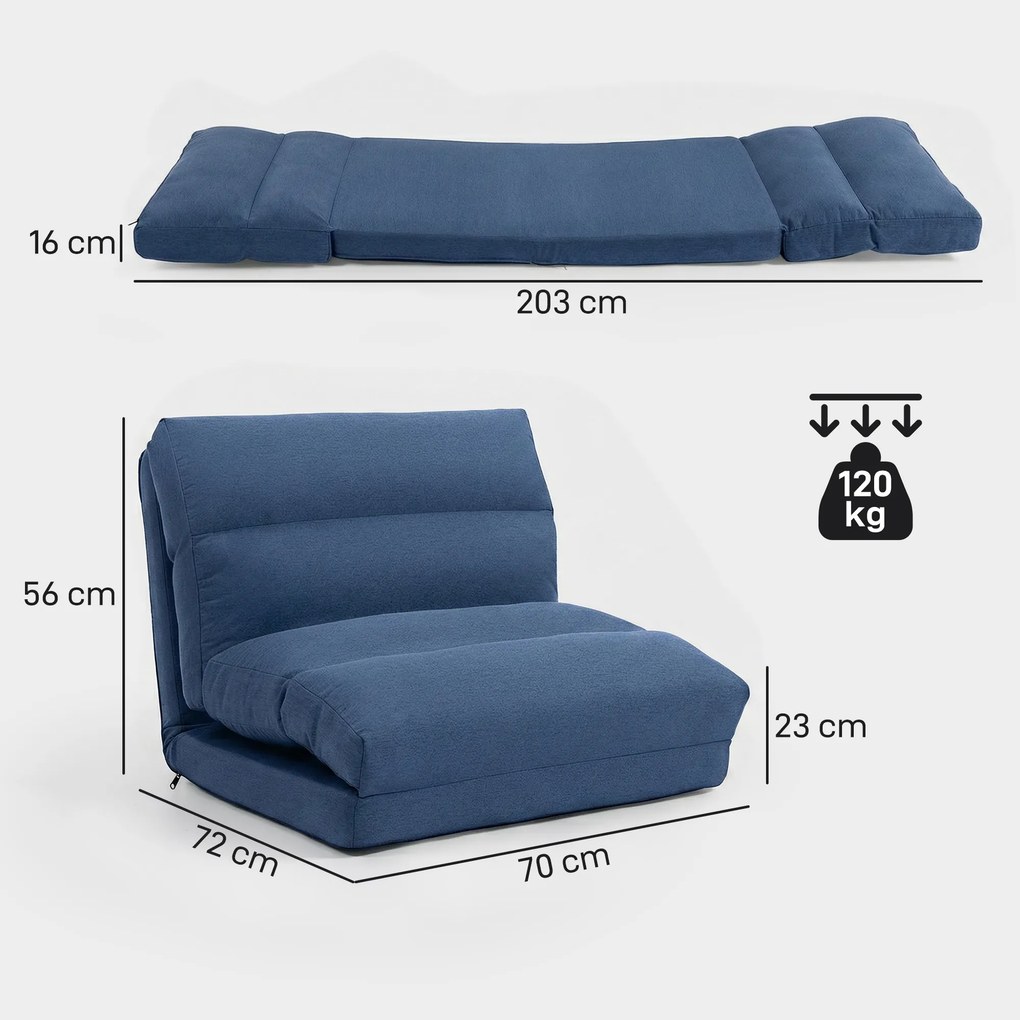 HOMCOM 1místné sklápěcí křeslo – přetvořitelné na lehátko, 5 poloh, nosnost 120 kg, tmavě modré, 70 × 72 × 56 cm