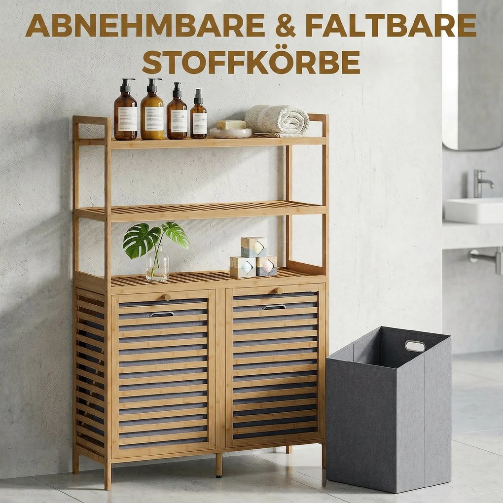 HOMCOM bambusová skříňka do koupelny s koši na prádlo – 3patrové úložiště se 2 odnímatelnými látkovými koši, 80 × 30 × 118 cm, dub