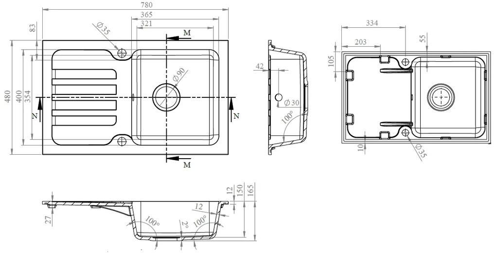 Vima 912- Granitový dřez, s odkapávací plochou, 780x480x165mm, Písková