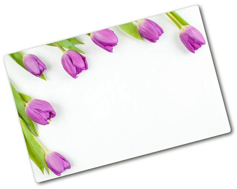 Wallmuralia Deska na krájení skleněná Fialové tulipány 80x52 cm