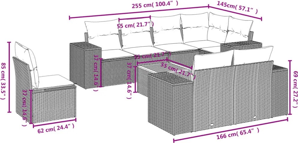 9dílná zahradní sedací souprava s poduškami šedá polyratan 3257873